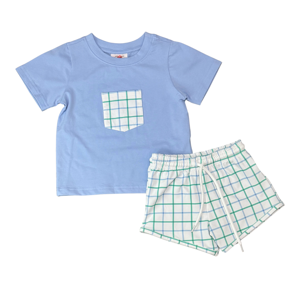 Blue/Green Gingham Boy Short Set – Sweet Peach Smocks, LLC.